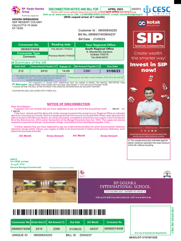 Summary of The Bill: Disconnection Notice and Bill For | PDF | Money ...