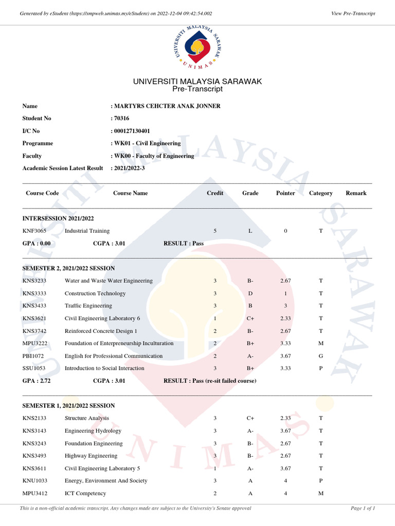Civil Engineering Student Transcript | PDF | Engineering | Civil ...