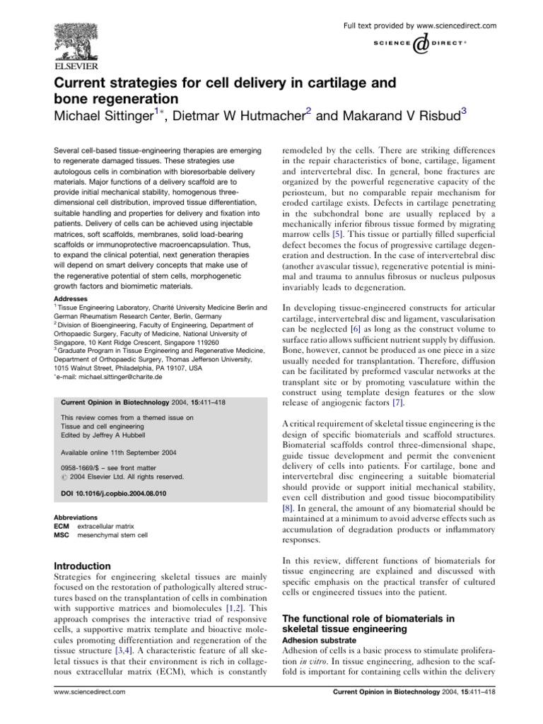 2004 - Current Strategies For Cell Delivery in Cartilage and Bone Regeneration | PDF | Tissue ...