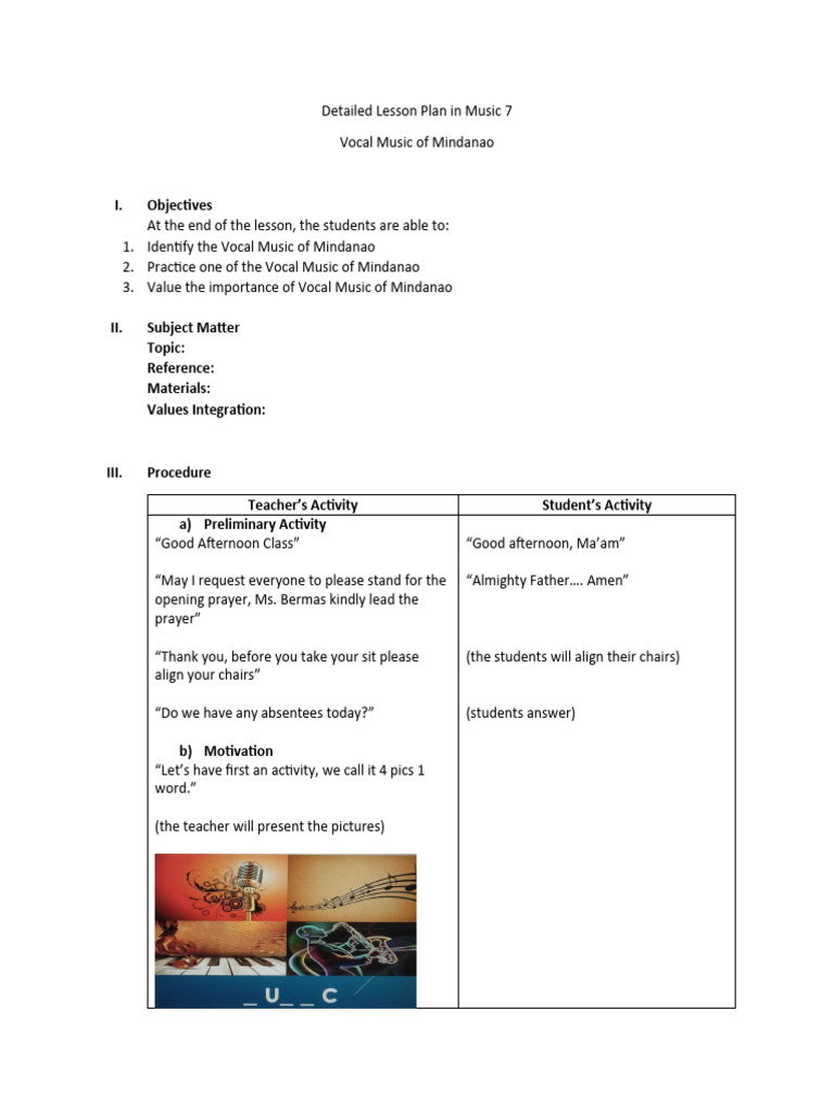 Detailed Lesson Plan in Music 7final | PDF | Art