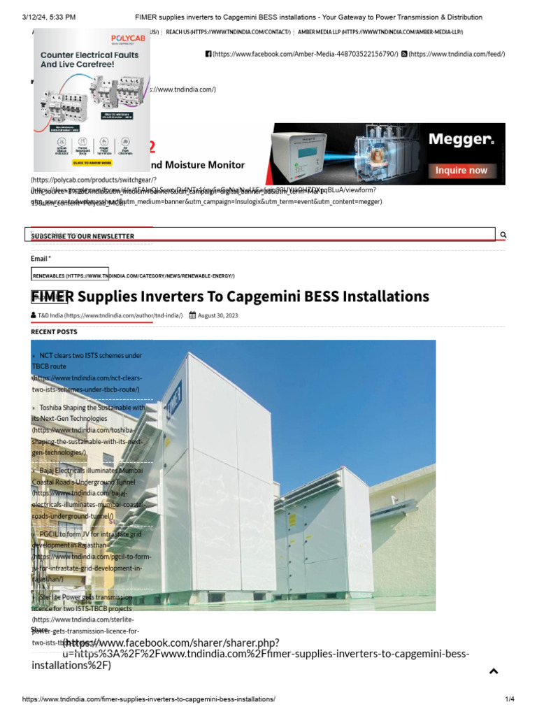 FIMER Supplies Inverters to Capgemini BESS Installations -PVS980-58BC ...