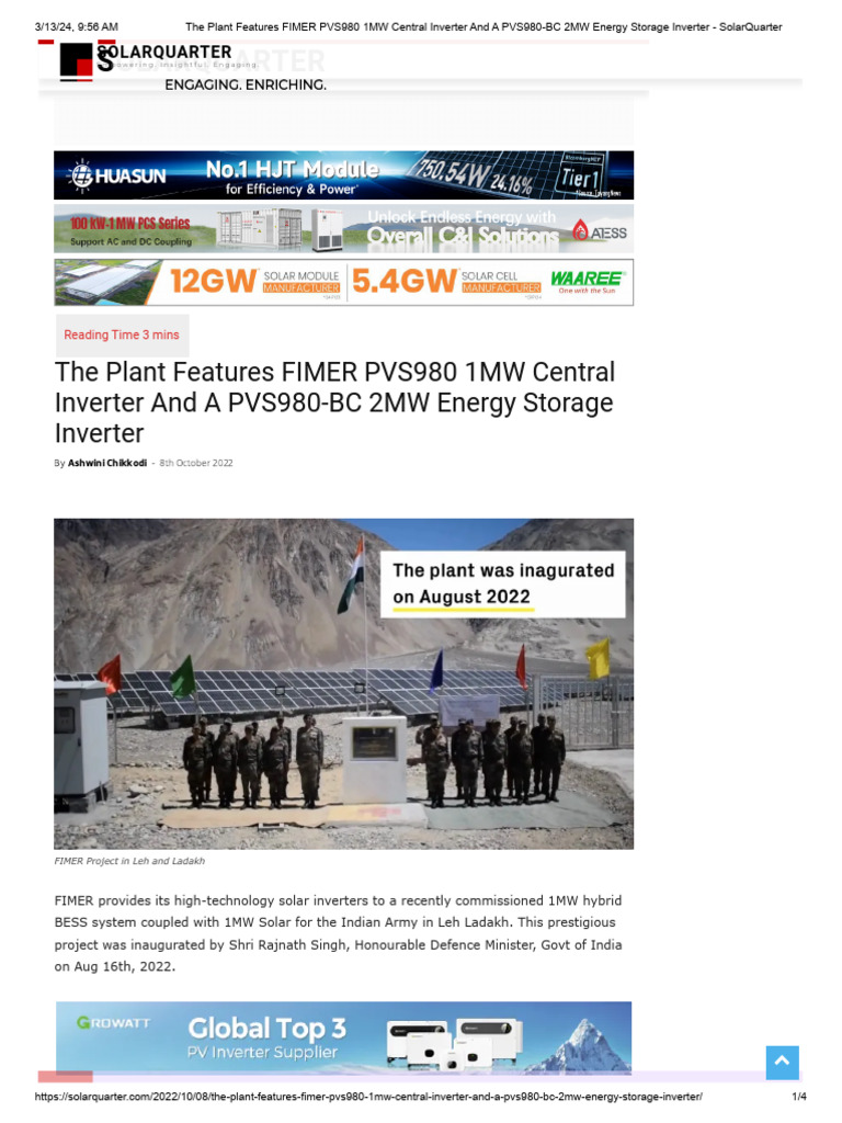 Solarquarter: The Plant Features FIMER PVS980 1MW Central Inverter and ...