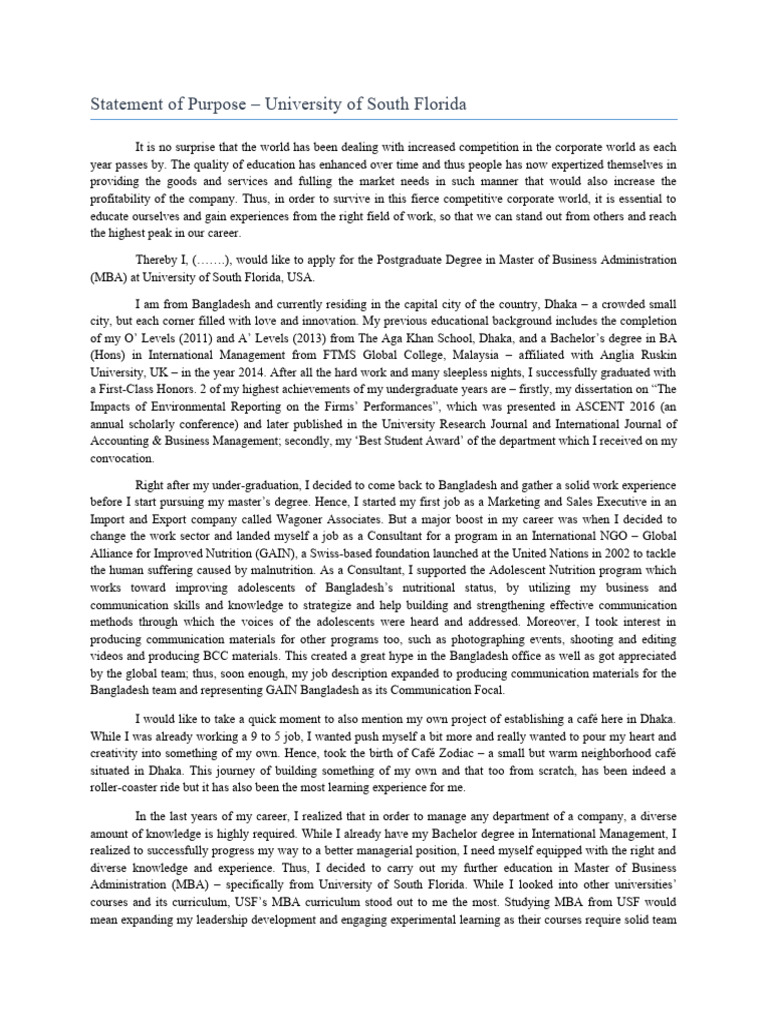 SOP_Sample | PDF | Master Of Business Administration | University