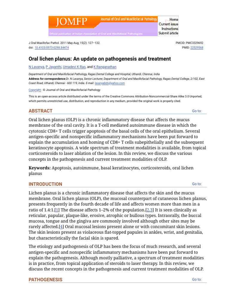 Oral Lichen Planus - An Update On Pathogenesis and Treatment | PDF | Cell Biology | Immune System