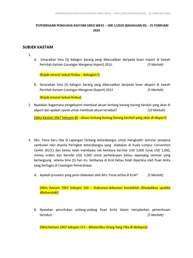 PEPERIKSAAN PENGUASA KASTAM GRED WK41 - Past Year | PDF