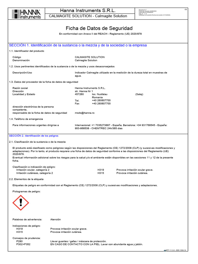 Ficha de Seguridad: Calmagite Solution | PDF | Toxicidad | Agua