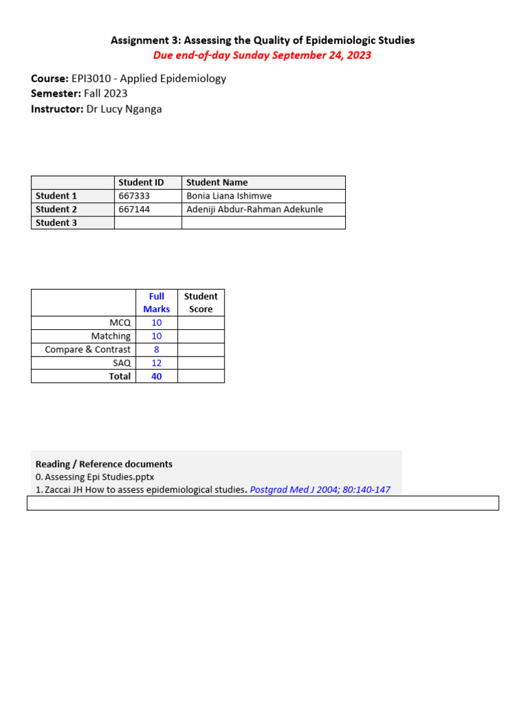 Assignment 3 EPI3010 | PDF | Epidemiology | Cohort Study