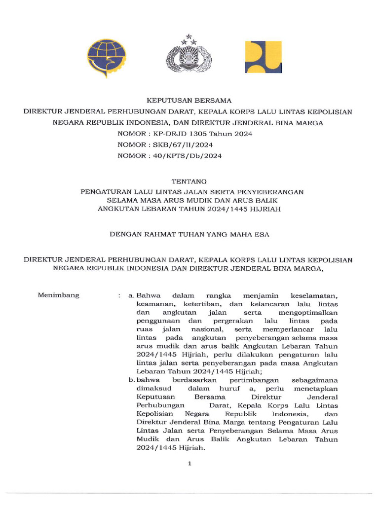 SKB Pengaturan Lalu Lintas Jalan Dan Penyeberangan Angkutan Lebaran 2024 | PDF