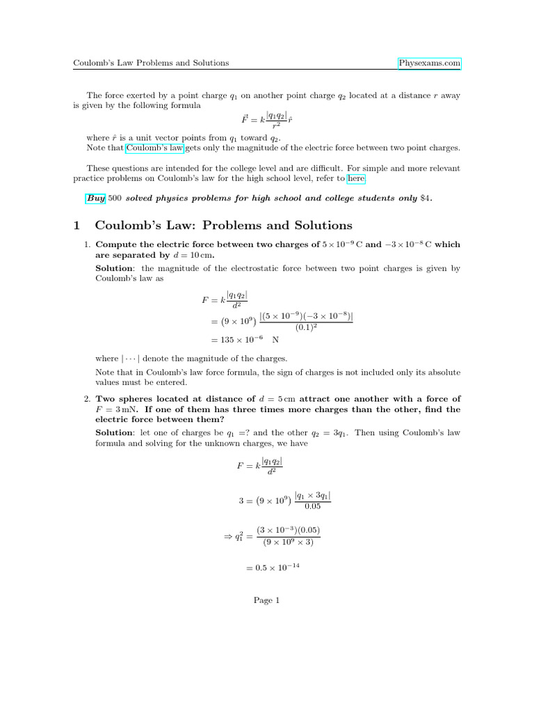 Coulomb's Law: Problems & Solutions | PDF | Physics | Classical Mechanics