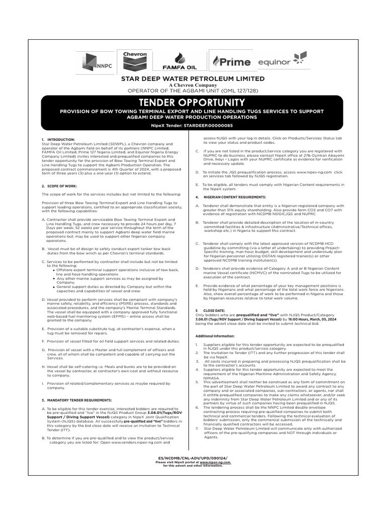 Chevron Provision of Bow Towing Terminal Export and Line Handling Tugs ...