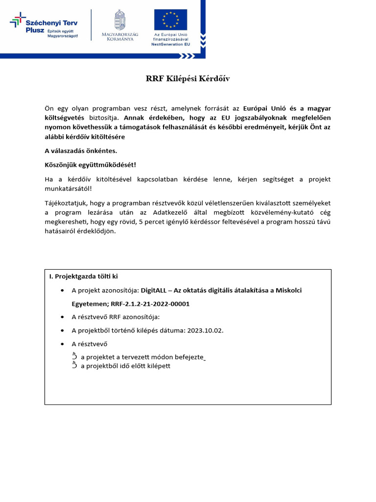 RRF Kilépési Kérdőív METU 98 | PDF