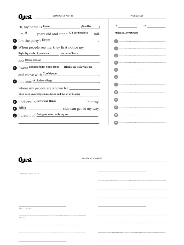 Quest RPG Character Profile Template | PDF