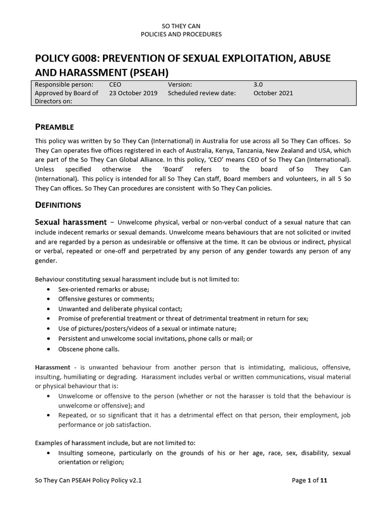 Prevention of Sexual Exploitation Abuse and Harassment Policy | PDF ...