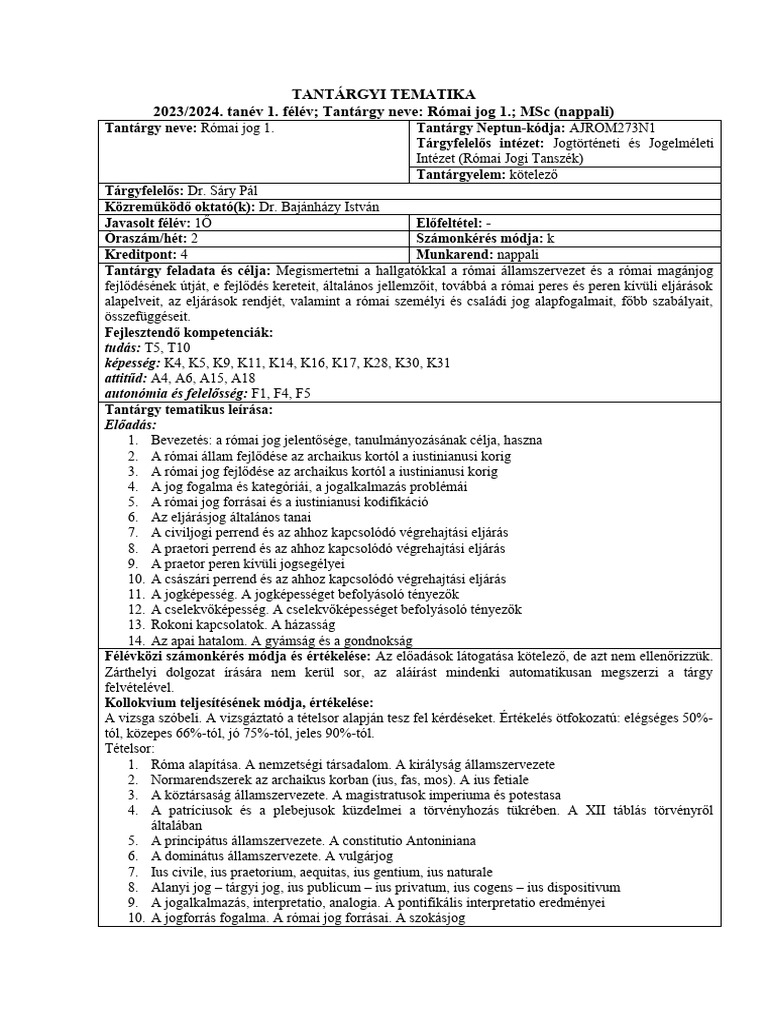 Tematika Római Jog 1 N 2 | PDF