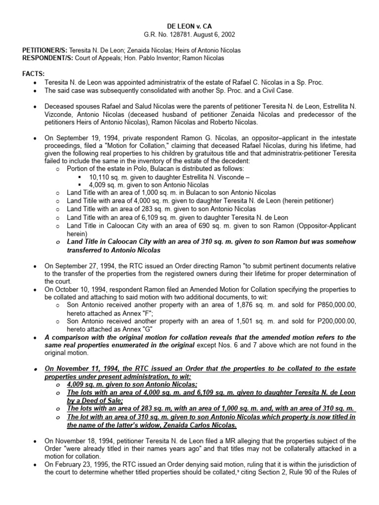 De Leon v. CA: Estate Collation Dispute | PDF | Probate | Intestacy
