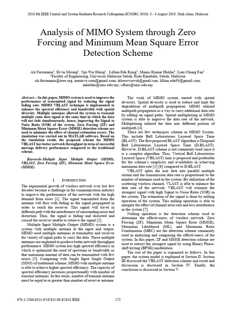 Analysis of MIMO System Through Zero Forcing and Minimum Mean Square Error Detection Scheme ...
