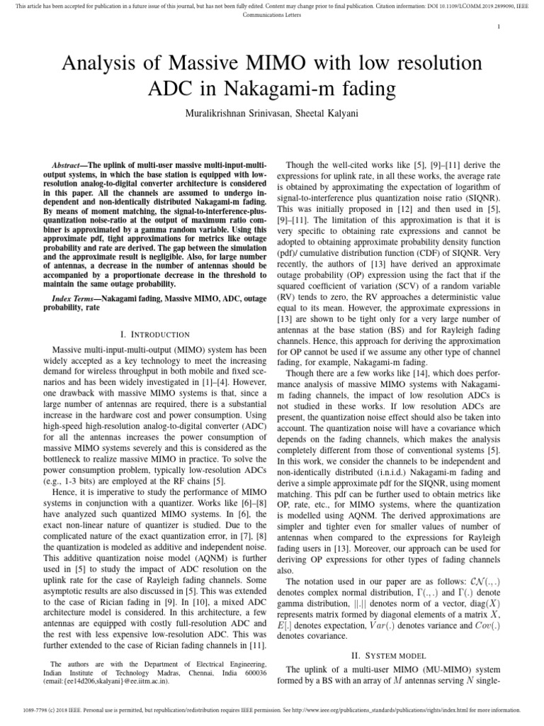 Analysis of Massive MIMO With Low-Resolution ADC in Nakagami - M Fading | PDF | Analog To ...