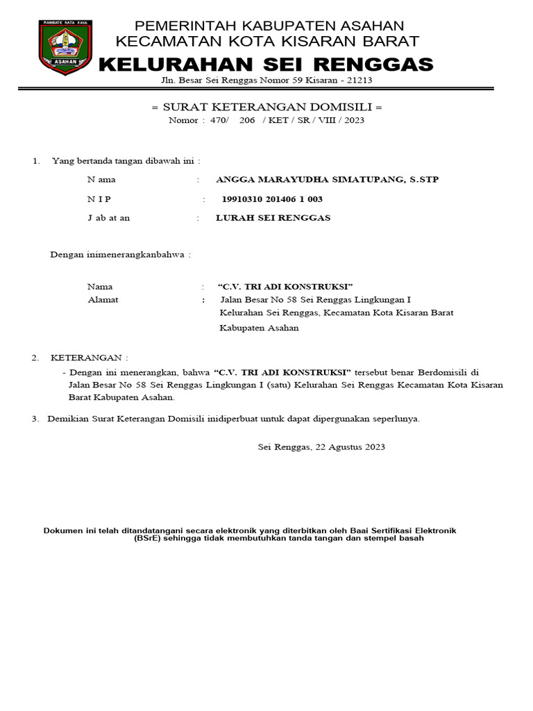Surat Keterangan Domisili CV Tri Adi | PDF