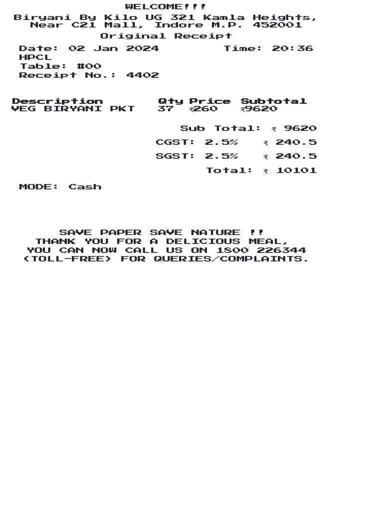 Biryani Bill Receipt - Indore 2024 | PDF