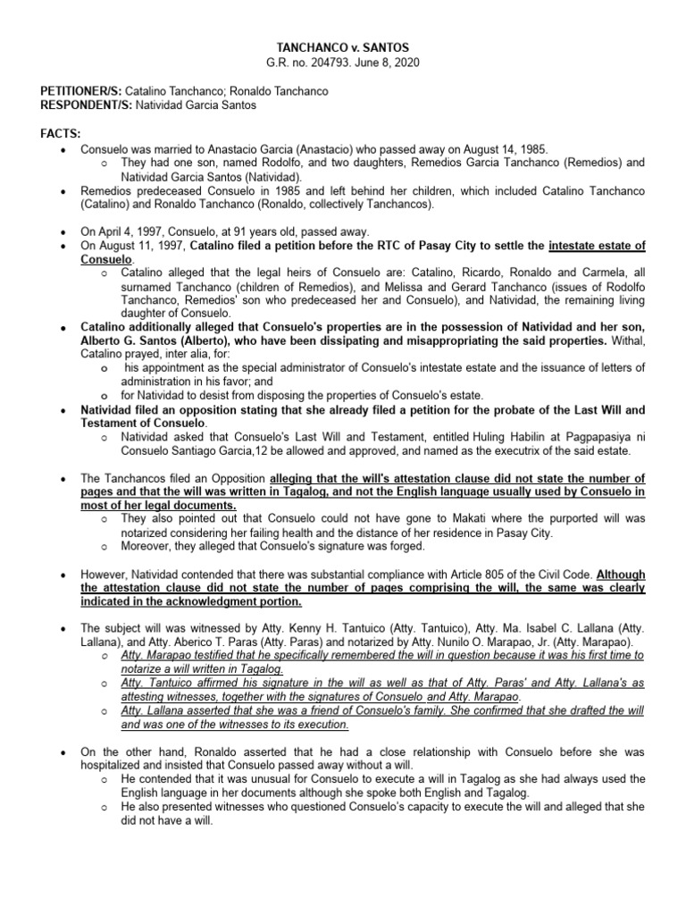 Witnesses - TANCHANCO v. SANTOS | PDF | Will And Testament | Inheritance
