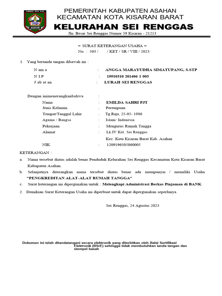 SURAT KETERANGAN USAHA Emilda | PDF