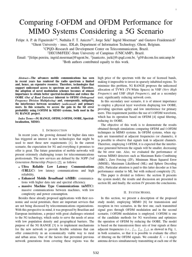 Comparing f-OFDM and OFDM Performance For MIMO Systems Considering A 5G ...