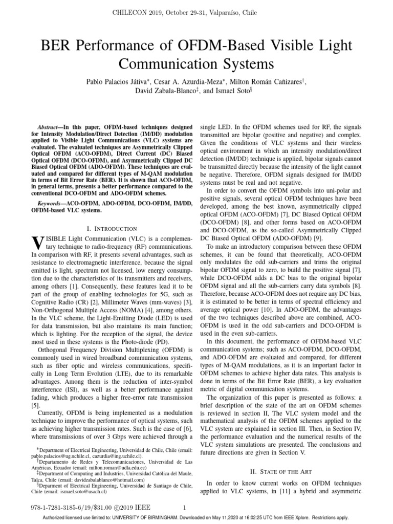 Ber Performance Of Ofdm Based Visible Light Communication Systems Pdf
