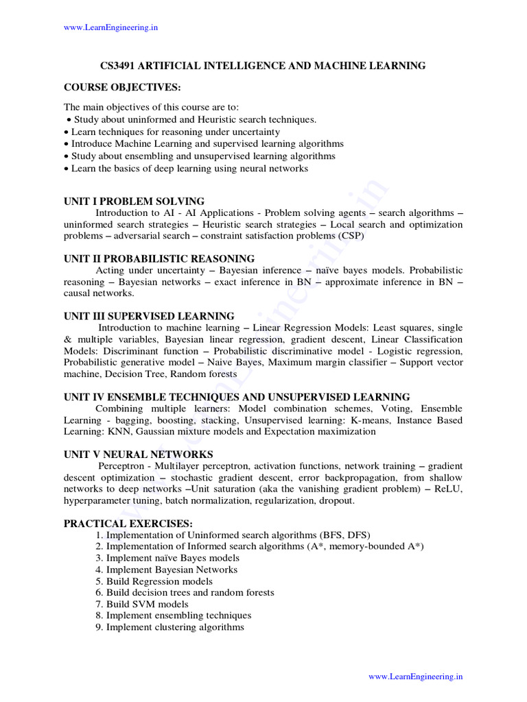 CS3491 ARTIFICIAL INTELLIGENCE AND MACHINE LEARNING 01 - by WWW - LearnEngineering.in | PDF ...