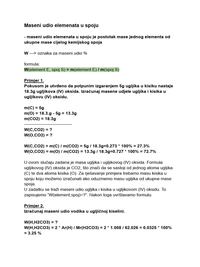 Maseni Udio Elemenata U Spoju Kemija 7 Razred | PDF