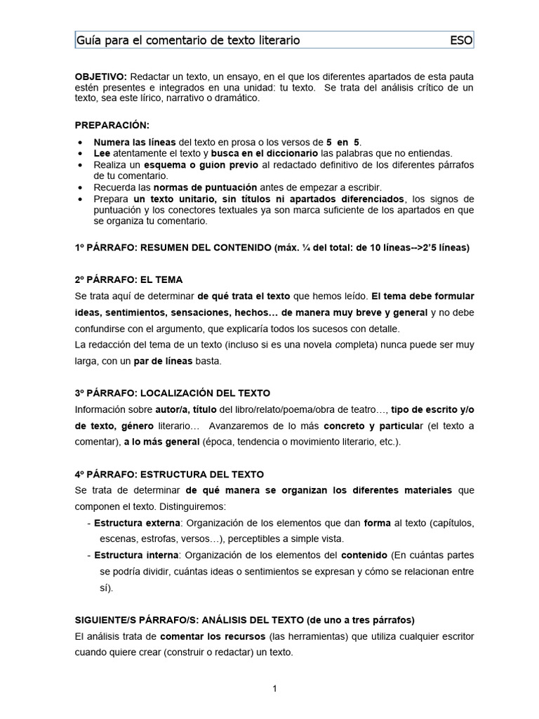 Guía para Comentario de Texto ESO | PDF | Escritura