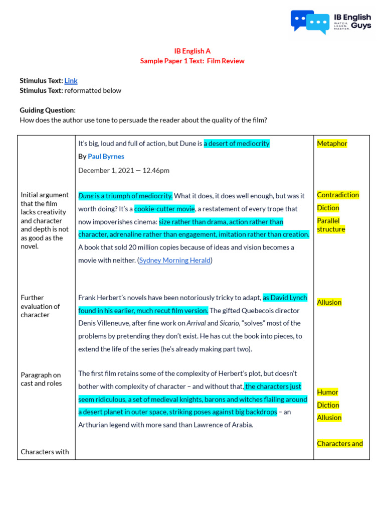 75 - Film Review - Sample Student Response - Paper 1 | PDF