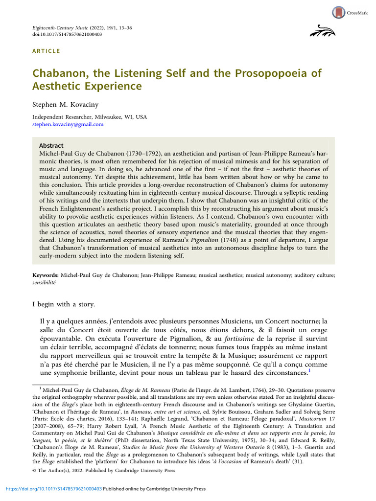 Chabanon, The Listening Self and The Prosopopoeia of Aesthetic ...
