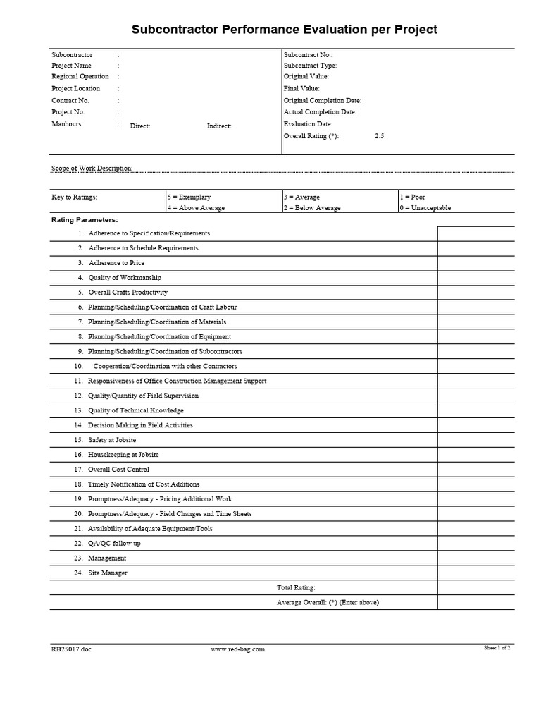 Subcontractpor Evaluation Froms | PDF | Subcontractor | General Contractor