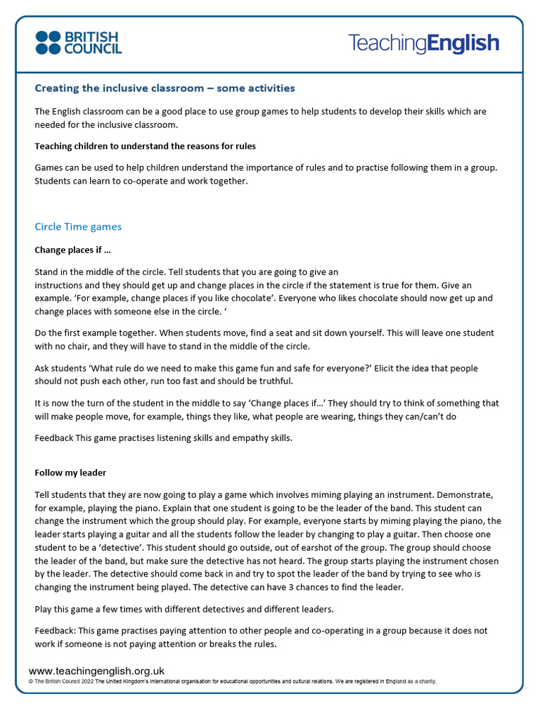 Games Activities Promote Inclusion | PDF