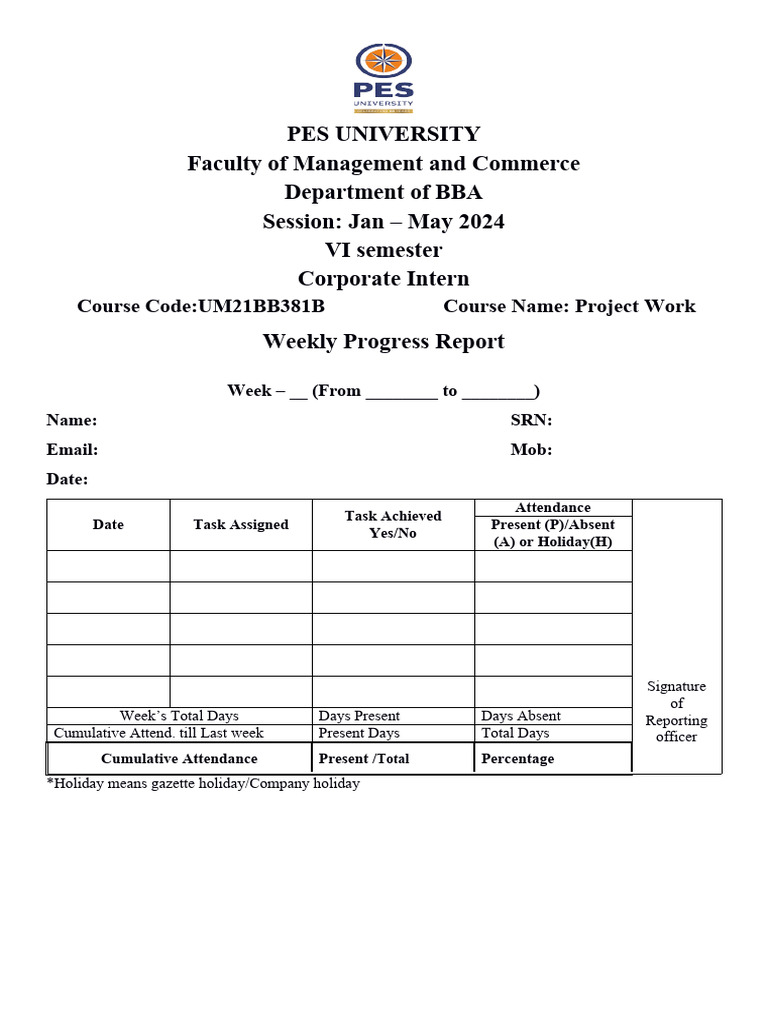Weekly Internship Progress Report Template | PDF