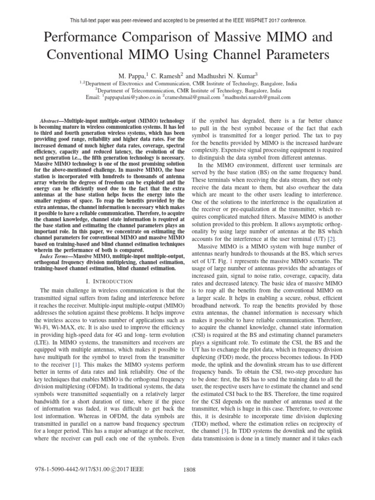 Performance Comparison of Massive MIMO and Conventional MIMO Using Channel Parameters | PDF ...