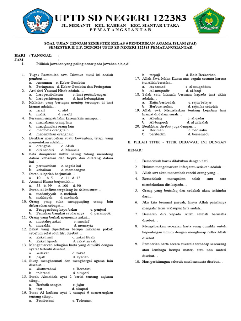 Soal Pts Pai Kls 6 sd-2 | PDF