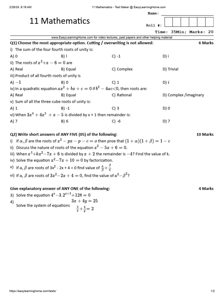Grade 11 Math Test Questions | PDF | Mathematics | Algebra