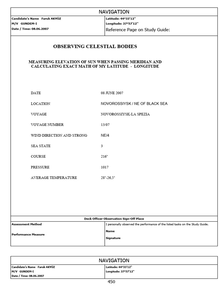 Meridian Passage of Sun (In Form) 1 | PDF | Navigation | Longitude