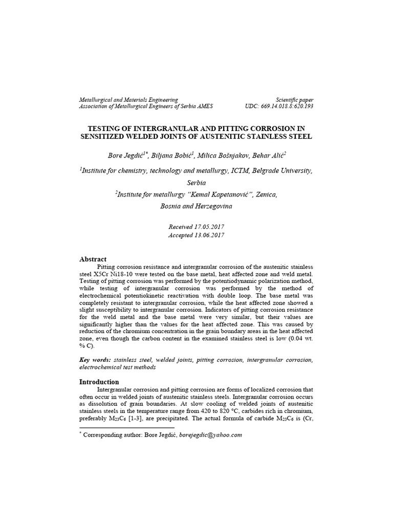 Testing of Intergranular and Pitting Corrosion in | PDF | Stainless ...