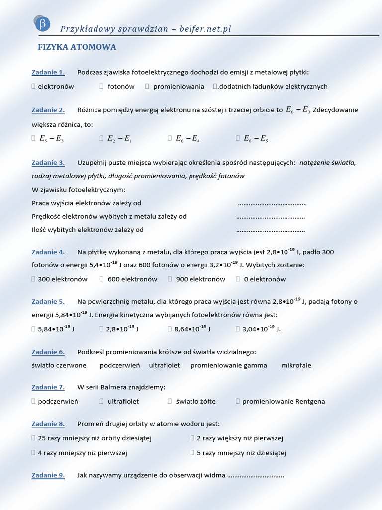 Sprawdzian Fizyka Atomowa | PDF