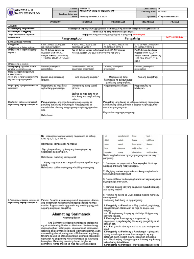 DLL - Filipino 6 - Q3 - W4 | PDF