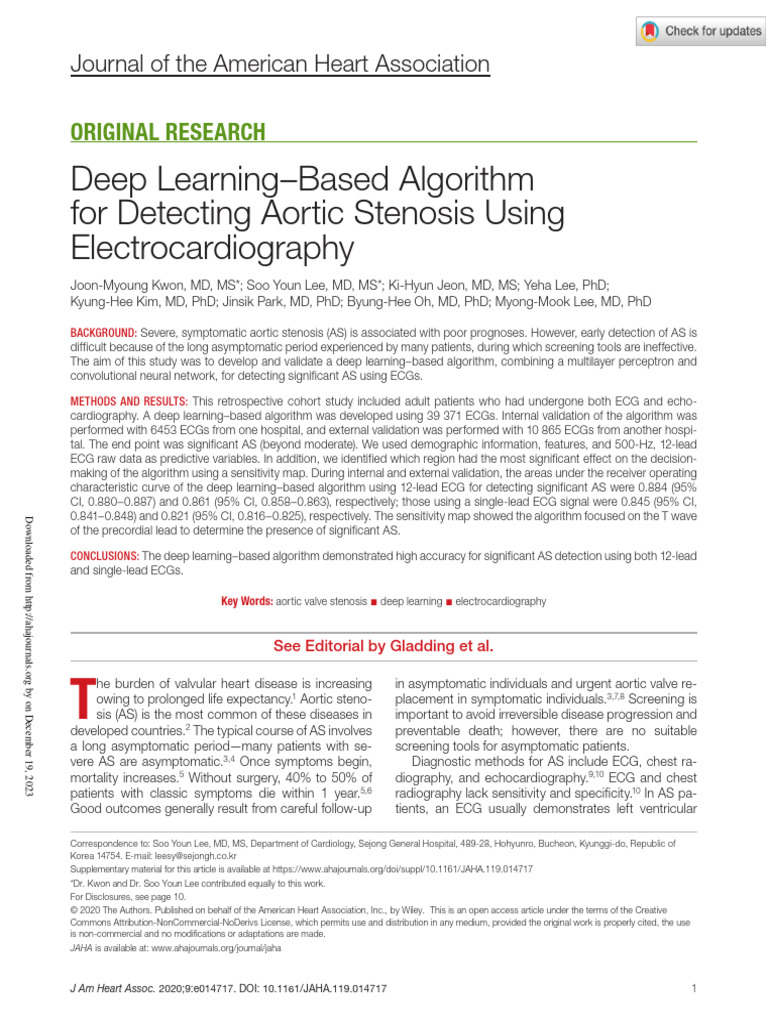 Kwon Et Al 2020 Deep Learning Based Algorithm For Detecting Aortic Stenosis Using ...
