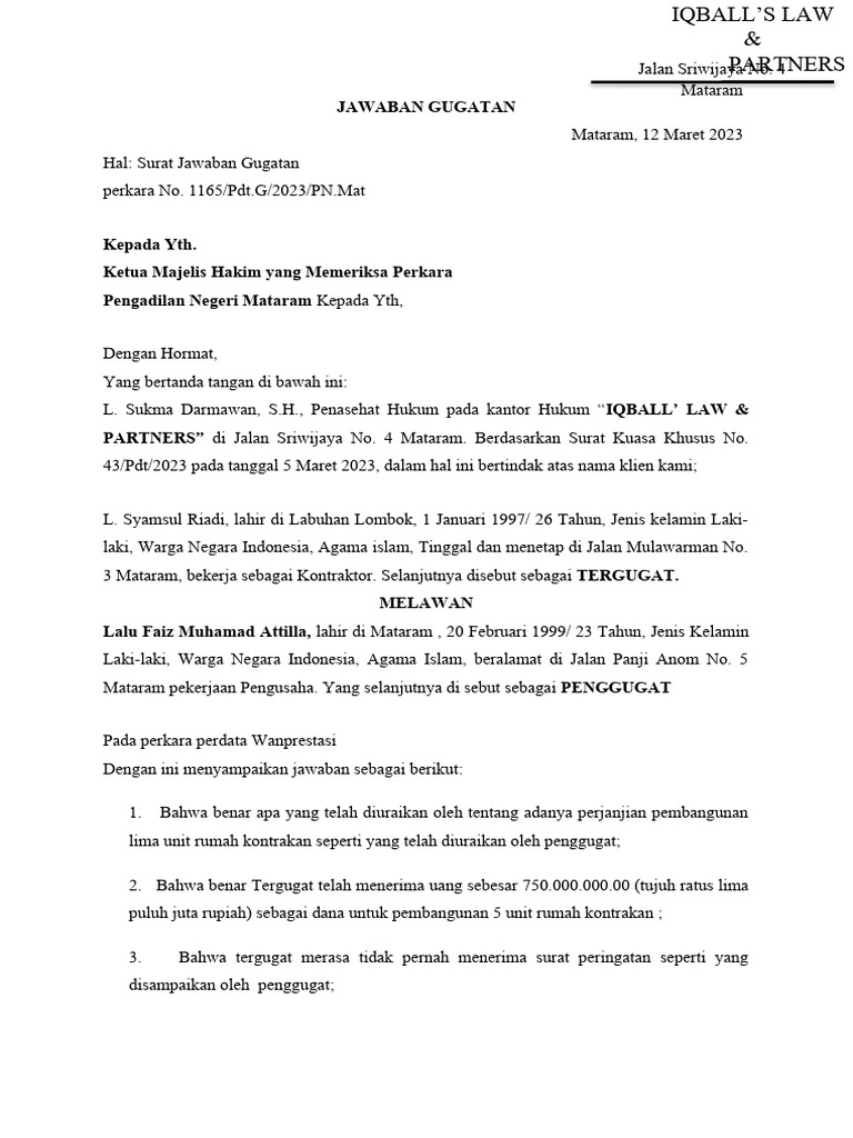 Surat Jawaban Gugatan | PDF