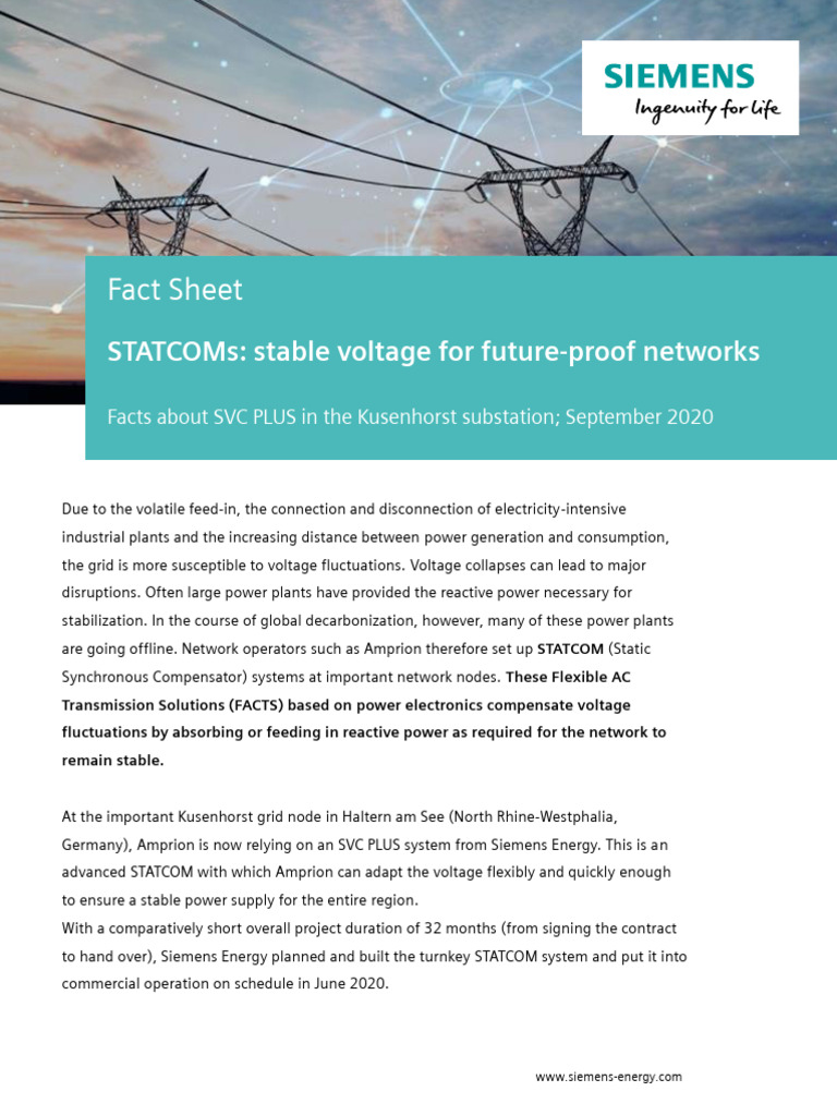 Siemens Factsheet-STATCOM-Kusenhorst-En - The Hundredth One in 2020 | PDF | Electrical Grid ...