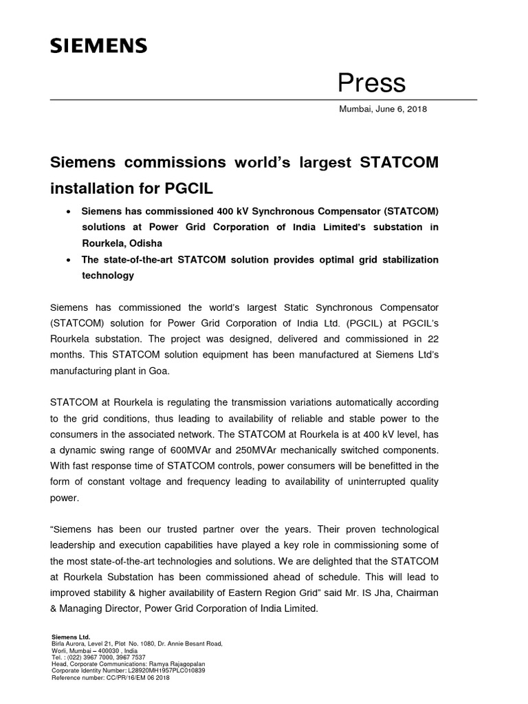 Final Press Release Siemens LTD Commissions Worlds Largest Statcom | Download Free PDF ...