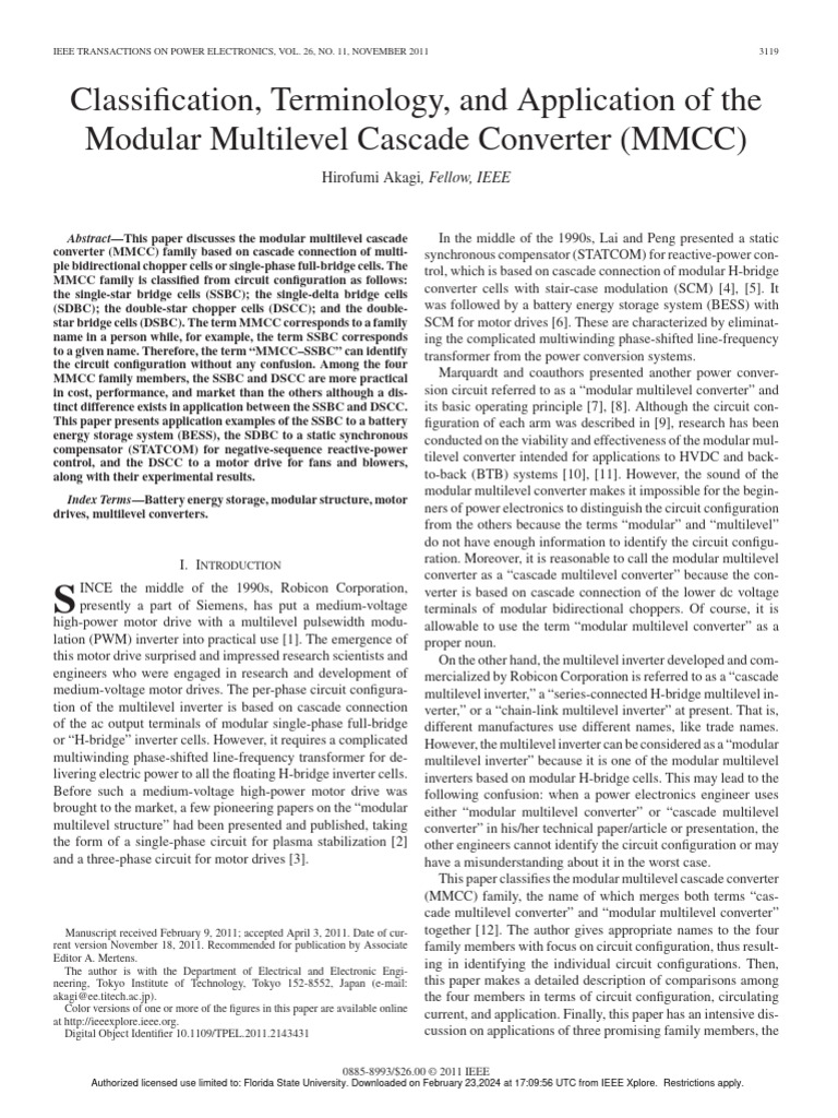 Classification Terminology and Application of The Modular Multilevel Cascade Converter MMCC ...