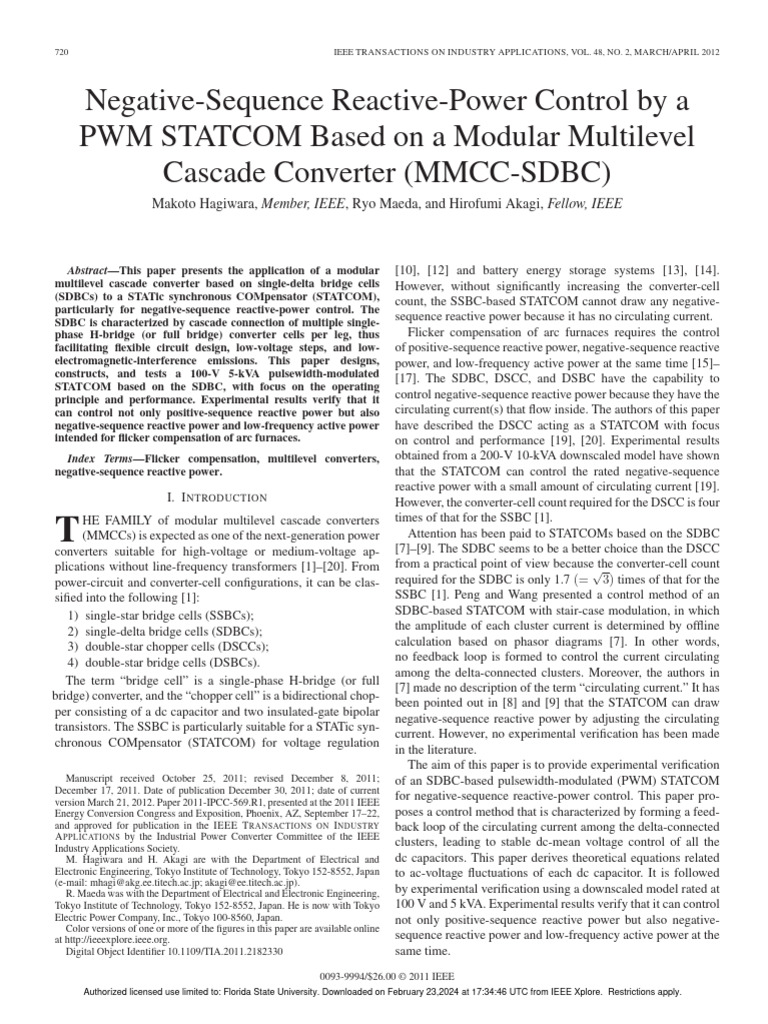 Negative-Sequence Reactive-Power Control by A PWM STATCOM Based On A Modular Multilevel Cascade ...