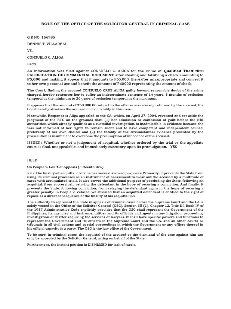 Villareal vs. Aliga - ROLE OF THE OFFICE OF THE SOLICITOR GENERAL IN CRIMINAL CASES | PDF ...