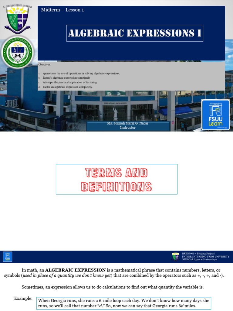 Lesson 1 Algebraic Expression I | PDF | Equations | Polynomial